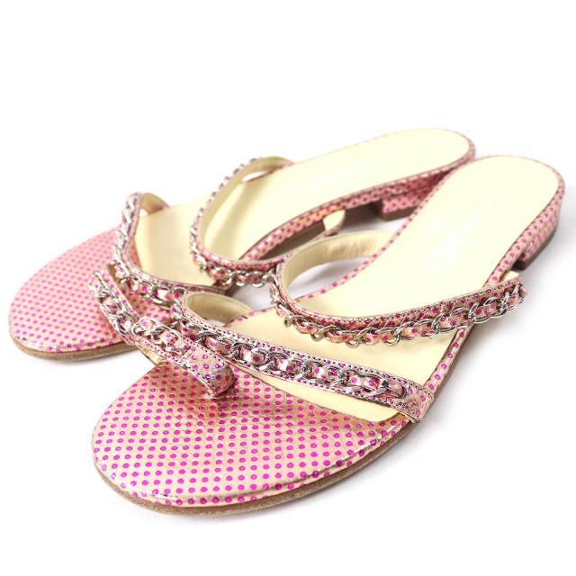 美品△CHANEL シャネル ココマーク金具 ドット柄 チェーン使い フラット サンダル ミュール ピンク系 35.5 イタリア製 レディース