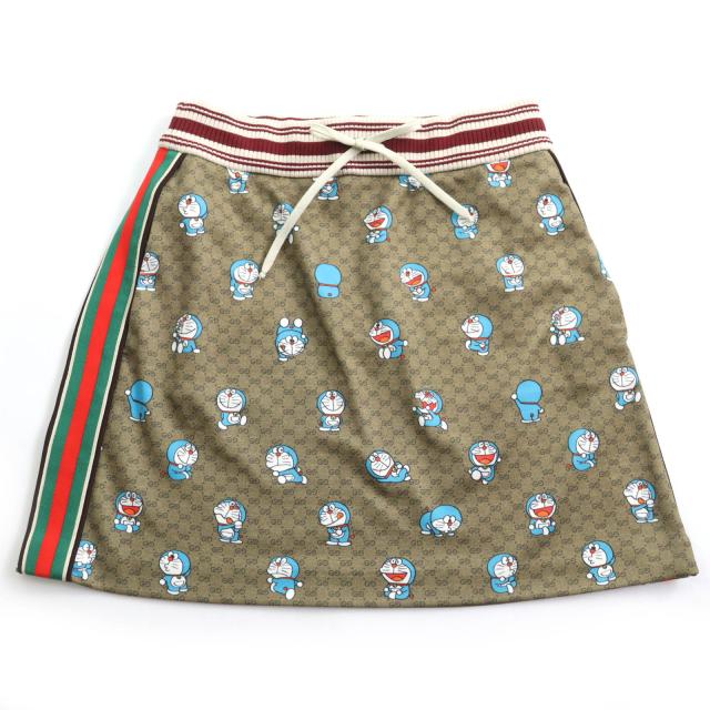 極美品☆GUCCI DORAEMON グッチ ドラえもん 656596 GG柄 ウェブライン 台形スカート ミニスカート ブラウン系 S 伊製 正規品 レディース