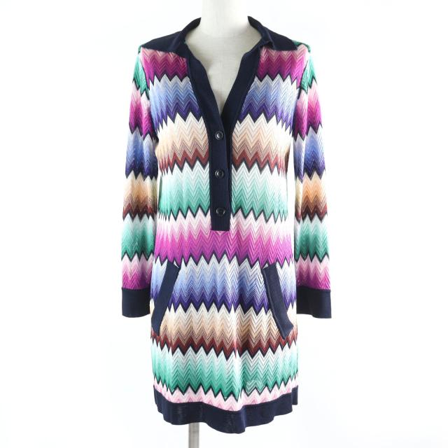極美品☆Missoni ミッソーニ ジグザグ総柄 長袖 プルオーバー チュニック ワンピース マルチカラー 42 イタリア製 正規品 レディース