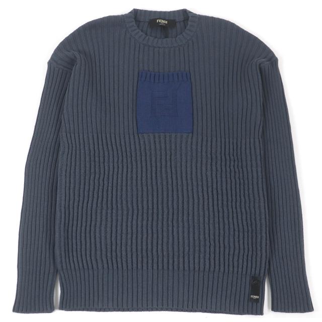 未使用品□FENDI フェンディ 2021年製 FZX036 カシミヤ混 FFロゴ ポケット リブニット セーター ブルーグレー 50 イタリア製 正規品