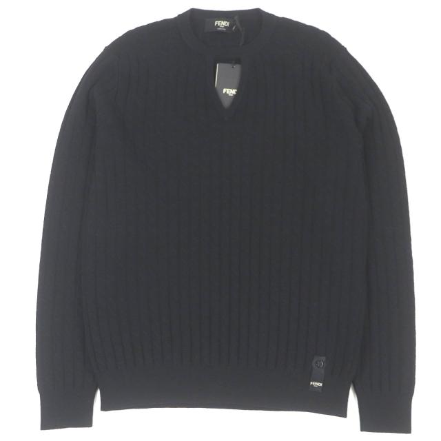 未使用品□FENDI フェンディ 2022年製 FZX077 ウール100％ FFロゴ金具 ケーブルニット セーター ブラック 46 イタリア製 正規品 メンズ