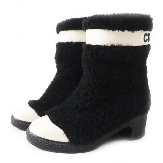 極美品◎CHANEL シャネル G34080 ココマーク・ロゴ レザー使い ムートンブーツ／ショートブーツ ブラック ホワイト 35 伊製 レディース