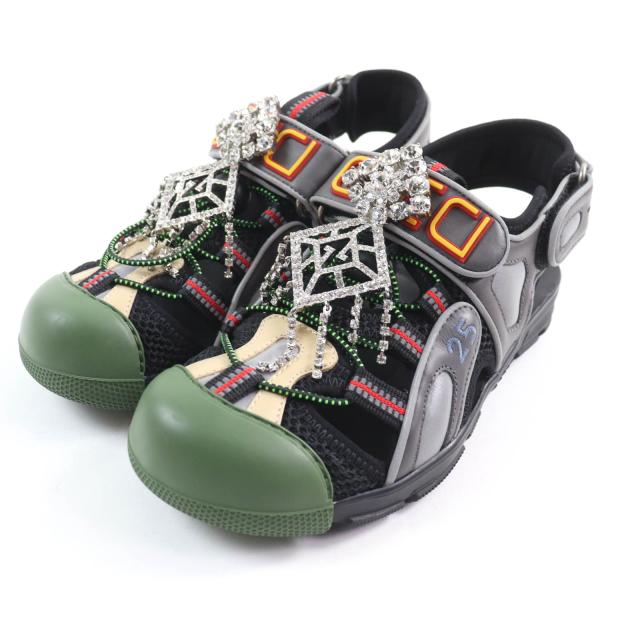 未使用品★GUCCI グッチ 571557 ビジュー付 ロゴデザイン メッシュ ベルクロ レザー サンダル マルチ 36 箱・保存袋付き レディース