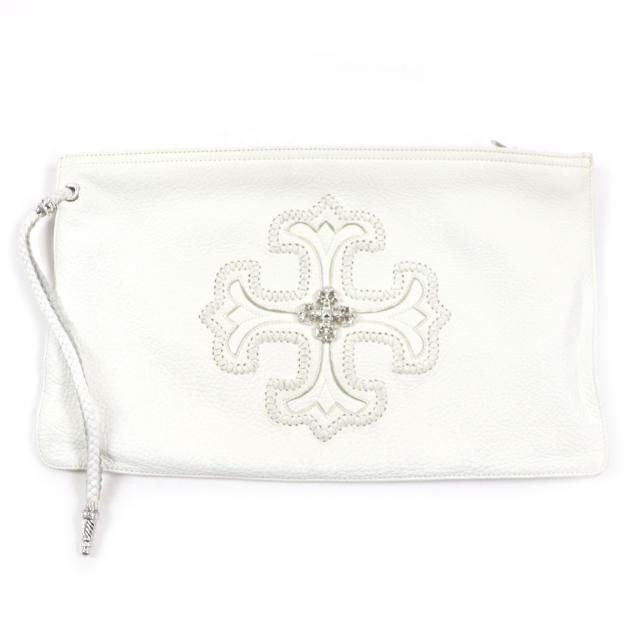 良品▼CHROME HEARTS クロムハーツ フィリグリープラス ダガージップ ストラップ レザー SV925 クラッチバッグ ホワイト シルバー メンズ