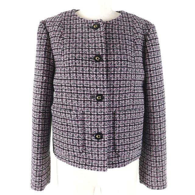 未使用品△COACH コーチ CO841 裏地シグネチャー柄 ロゴボタン ノーカラー ツイード ジャケット ブラック ピンク ホワイト XS 正規品