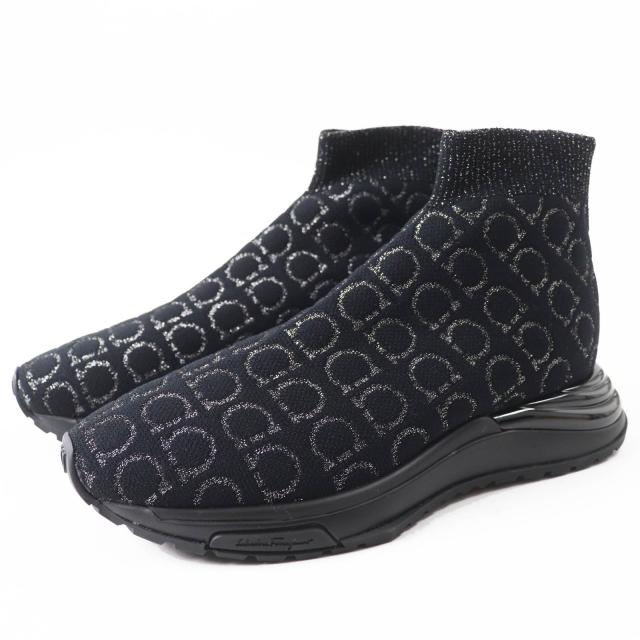 未使用品◎Salvatore Ferragamo サルヴァトーレフェラガモ ガンチーニ総柄 ニット ソックススニーカー ブラック シルバー 5.5 保存袋付き