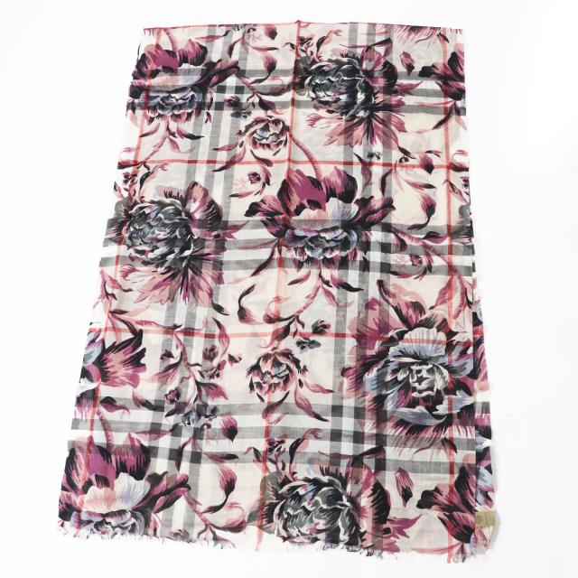 極美品◎BURBERRY バーバリー 4043946 シルク混 ノバチェック柄・花柄プリント 大判 ストール ストーン アッシュローズ 220×70cm 箱付き