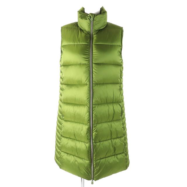 美品△SAVE THE DUCK セーブ ザ ダック スタンドカラー ダブルジップ 中綿 ロング ベスト ベスト グリーン 1 正規品 レディース シンプル