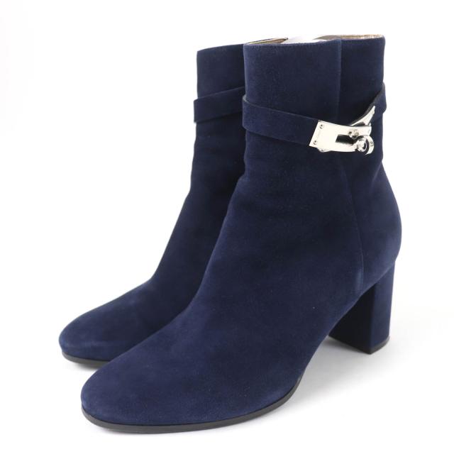 美品☆HERMES エルメス サンジェルマン シルバー金具 ケリーバックル スウェードレザー ショートブーツ ネイビー 36.5 伊製 レディース