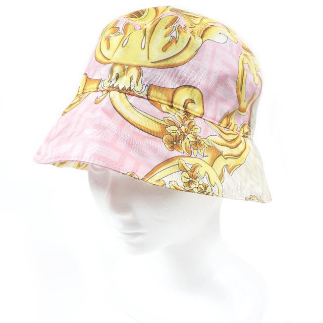 極美品□FENDACE フェンダーチェ FXQ801 シルク100％ FFロゴ ズッカ バロック 総柄 バケットハット 帽子 ピンク L イタリア製 正規品