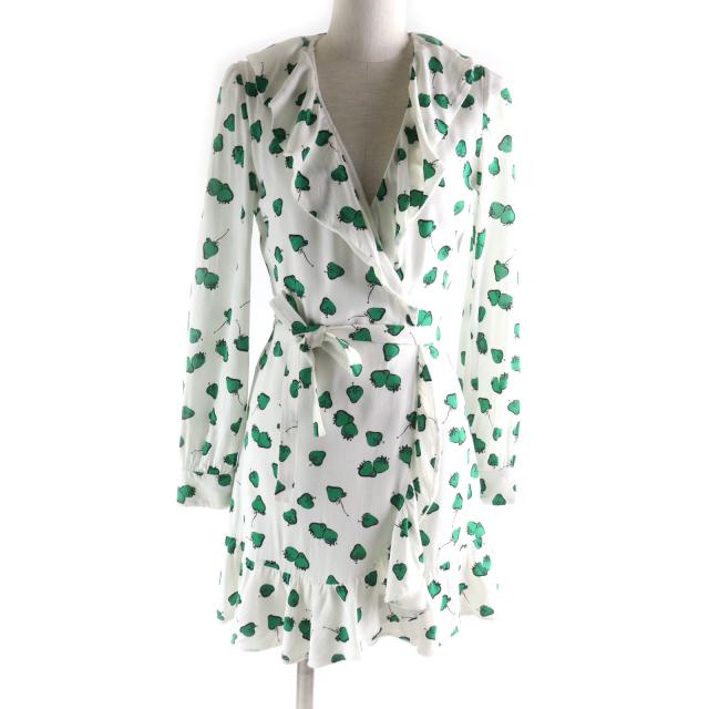 良品★MIUMIU ミュウミュウ MF2785 イチゴプリント フリルカラー 長袖 ラップワンピース ホワイト グリーン 36 伊製 正規品 レディース