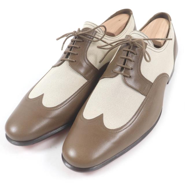 未使用品□HERMES エルメス ウィングチップ レースアップ キャンバス レザー ドレスシューズ ブラウン 40.5 フランス製 箱付き メンズ