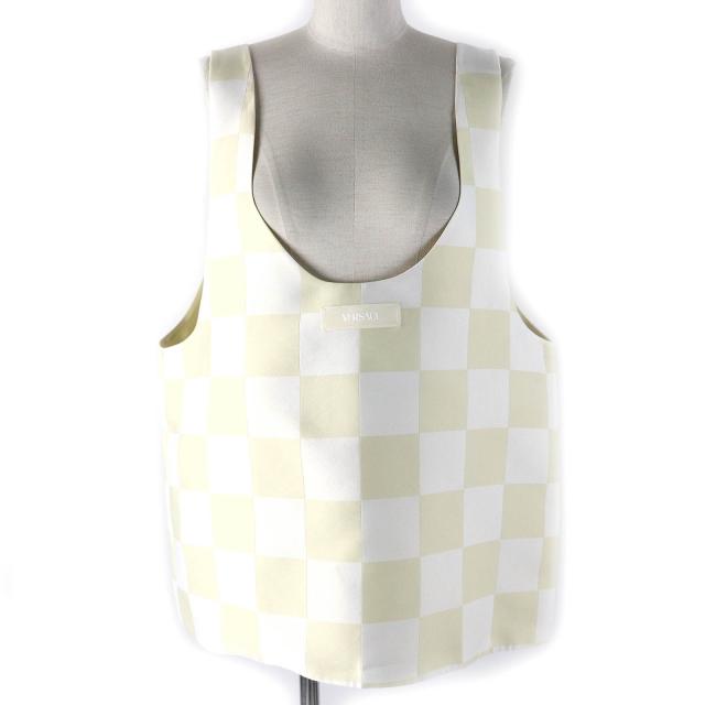 【ドンドン見直し】未使用品△VERSACE ヴェルサーチ 2023年 シルク混 ブロックチェック ノースリーブ トップス ベージュ ホワイト系 M