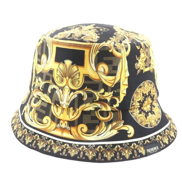 極美品▼FENDI VERSACE フェンディ ヴェルサーチ FXQ698 総柄 ズッカ柄 FFロゴ リバーシブル シルク100% 帽子 バケットハット M 正規品