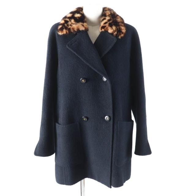 美品★LEONARD FASHION レオナール ファッション 0368392 襟ミンク ロゴボタン付 ダブルブレスト アンゴラコート ブラック 13 正規品