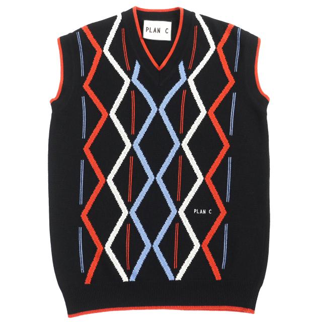 美品△Plan C プランシー GLCME01G00FW009 Rhombus Intarsia ウール カシミヤ ロゴ刺繍 総柄 ニット ベスト 黒 38 伊製 正規品 メンズ