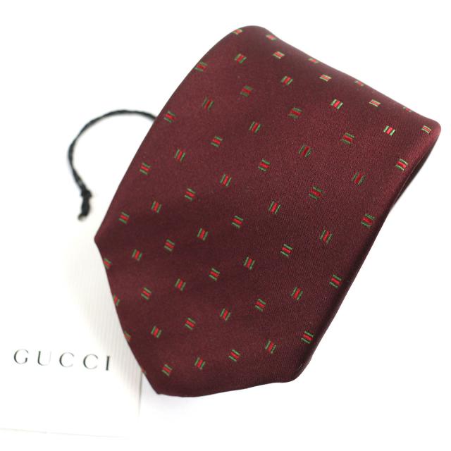 未使用品△GUCCI グッチ 406354 シルク100％ ウェブライン総柄 ネクタイ 裏地GG柄 ボルドー系 148×7xm 箱付き イタリア製 正規品 メンズ