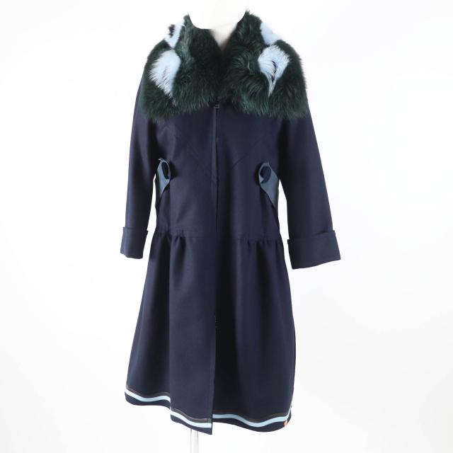 美品◎FENDI フェンディ FF8246 カシミヤ混 レザー使い 襟フォックスファー付き コート ネイビー 40 ハンガー付き 伊製 正規品 レディース