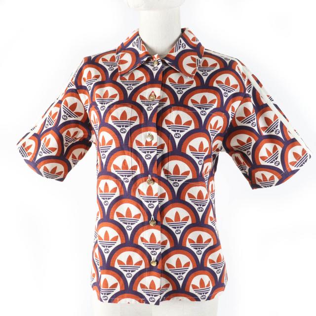 未使用品☆GUCCI×adidas  グッチ×アディダス 703002 トレフォイル ロゴ総柄 半袖シャツ オレンジ系 36 イタリア製 正規品 レディース