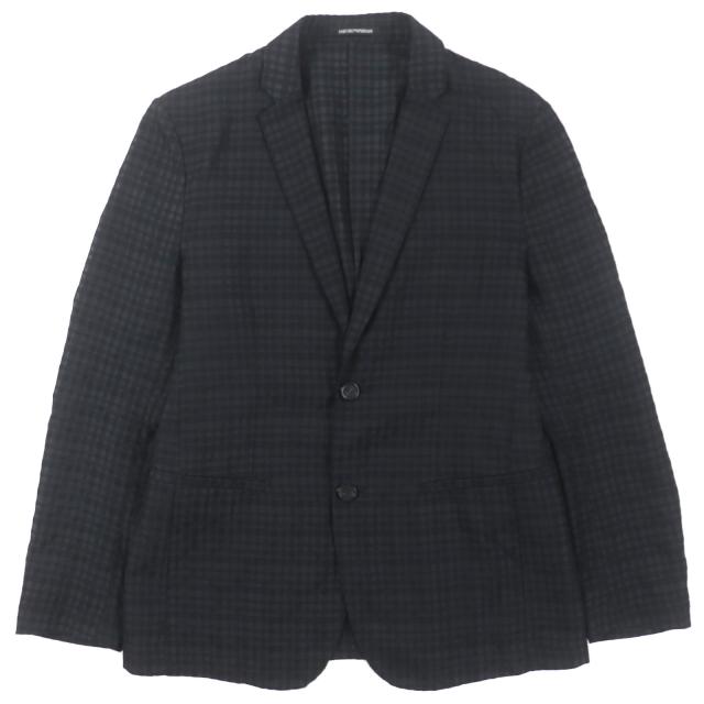 美品▼エンポリオ アルマーニ 2021年製 シルク混 黒タグ チェック柄 ロゴ入りボタン シングルジャケット アンコン テーラード 46 正規品