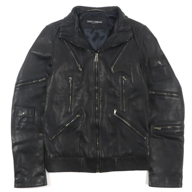 美品▼DOLCE&GABBANA ドルチェ＆ガッバーナ ラムレザー 黒タグ マルチポケット ZIPUP ブルゾン ライダースジャケット 44 正規品 メンズ
