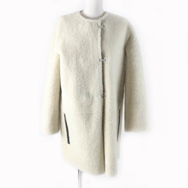 極美品★LOUIS VUITTON ルイヴィトン 羊革 リバーシブル ベルトデザイン ノーカラー ムートンコート ブラック/ホワイト 36 正規品