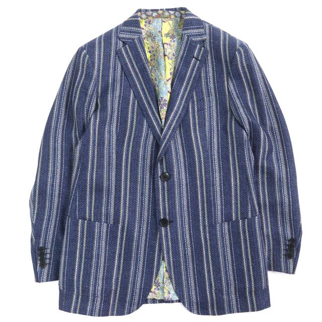 極美品△ETRO エトロ 21SS BEN ETRO ESSERE ヘンプ ウール 裏地総柄 ストライプ シングル テーラードジャケット ネイビー系 48 正規品