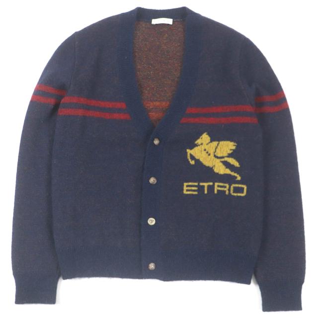 極美品□ETRO エトロ 20AW モヘア ウール ロゴボタン プレッピー ニットカーディガン セーター ネイビー S イタリア製 正規品 メンズ