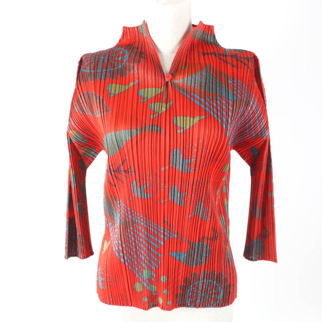 極美品☆PLEATS PLEASE プリーツプリーズ イッセイミヤケ PP33-JK801 アニマル柄 7分袖 カットソー オレンジ系 3 正規品 レディース