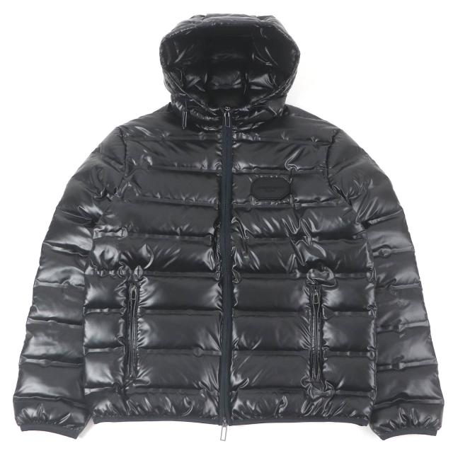 美品□EMPORIO ARMANI エンポリオ アルマーニ 23AW 黒タグ WZIP ロゴワッペン フーデッド ダウンジャケット ブラック 46 正規品 メンズ