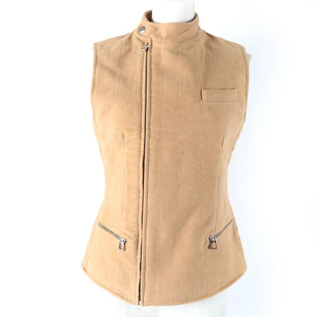 美品☆HERMES エルメス コットン100％ セリエボタン Hモチーフ パデッド ZIP UP 中綿入り ベスト ベージュ 36 仏製 正規品 レディース