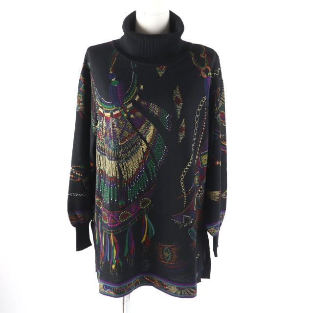 美品★LEONARD FASHION レオナール ファッション ウール100％ 総柄 サイドスリット タートルネック 長袖 ニット ブラック M レディース