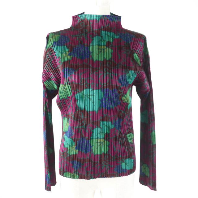 極美品★PLEATS PLEASE プリーツプリーズ イッセイミヤケ PP83-JK843 ぶどう柄 ハイネック プリーツ 長袖 カットソー マルチ 4 正規品