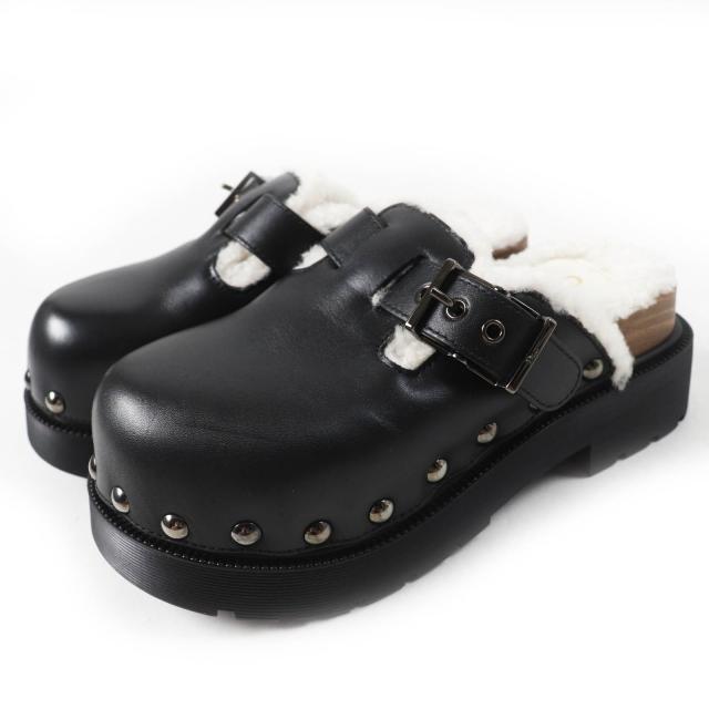 未使用品◎Christian Dior クリスチャンディオール ディオールクエイク レザー ムートン サボ／サンダル ブラック ホワイト 34 イタリア製