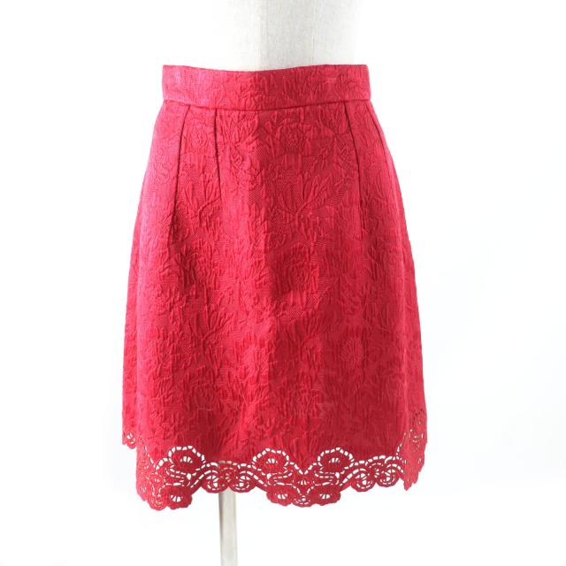 極美品★DOLCE&GABBANA ドルチェ＆ガッバーナ シルク混 花柄 総柄エンボス レース付 台形 スカート レッド 40 伊製 正規品 レディース
