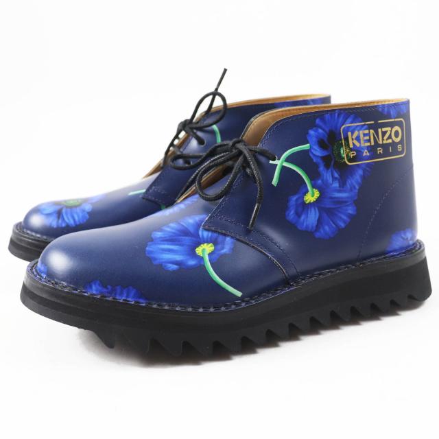 未使用品◎KENZO ケンゾー KENZOWAVE NIGO POPPY プリント レースアップ レザー ショートブーツ ブルー 37 箱・保存袋付き レディース