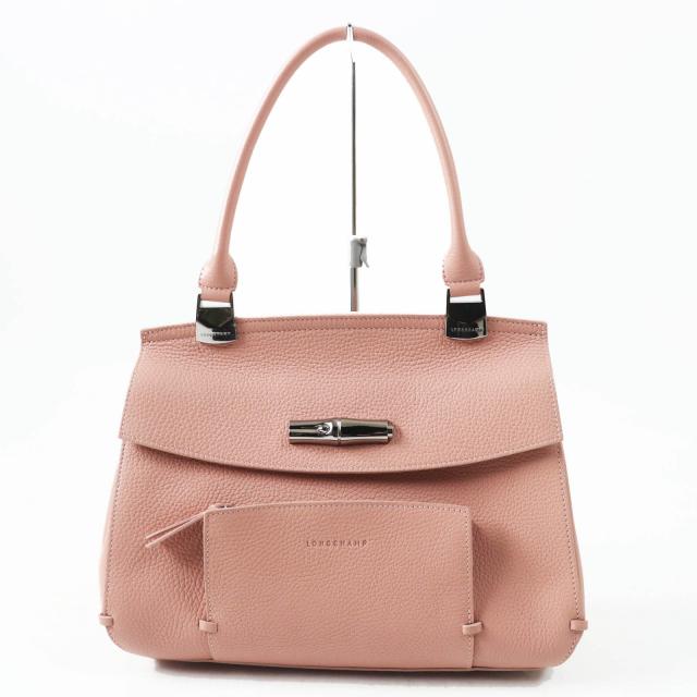 美品◎Longchamp ロンシャン 2077886258 Madeleine マドレーヌ ロゴ型押し レザー ハンドバッグ ダスティピンク シルバー金具 レディース