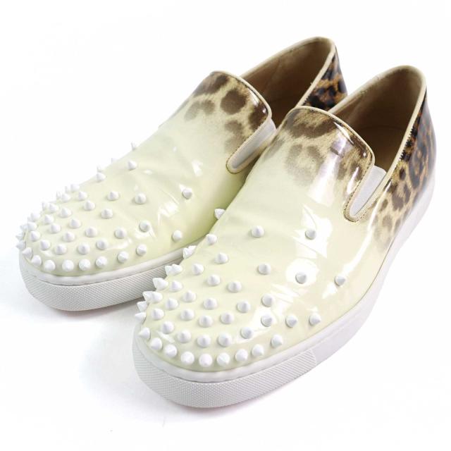 極美品○Christian Louboutin クリスチャンルブタン スパイクスタッズ レオパード柄グラデーション パテントレザー スリッポン 42 メンズ