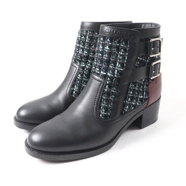 美品★CHANEL シャネル 22B G39334 ベルトデザイン ロゴ入り レザー ツイード アンクルブーツ ブラック ライトブルー 箱・保存袋付き