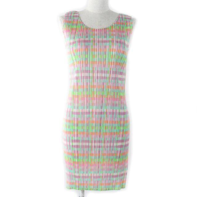 美品☆PLEATS PLEASE プリーツプリーズ イッセイミヤケ PP51-JK637 チェック柄 ノースリーブ チュニック ワンピース マルチ 3 正規品