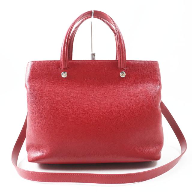 極美品◎Longchamp ロンシャン ル・フローネ ロゴ刻印 2WAY ハンド／レザー ショルダーバッグ レッド シルバー金具　レディース