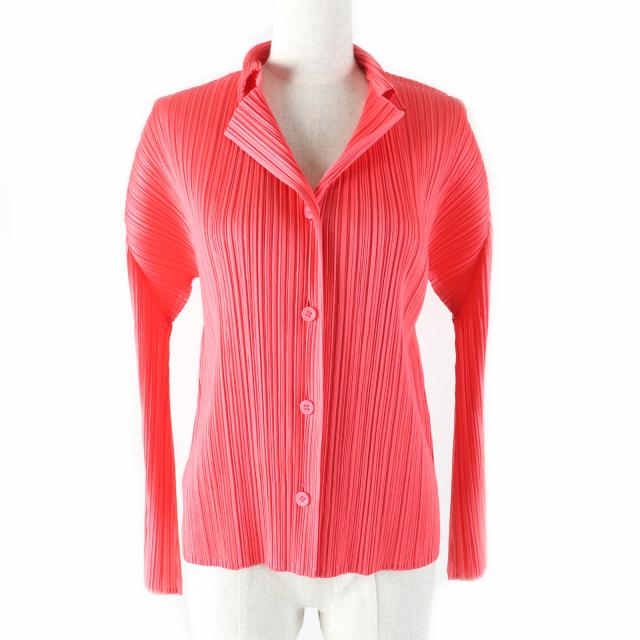 極美品★PLEATS PLEASE プリーツプリーズ イッセイミヤケ PP33-JD150 プリーツ シャツ カーディガン コーラルピンク 3 正規品 レディース
