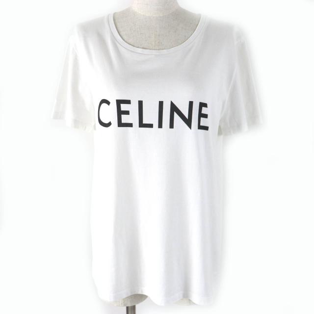 美品△CELINE セリーヌ 2X314916G コットン100％ ロゴプリント クルーネック 半袖Ｔシャツ ホワイト ブラック L 正規品 レディース