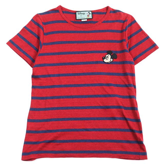 美品○GUCCI×Disney グッチ×ディズニー 598971 リネン70%　 ミッキーワッペン ロゴタグ付き 半袖Ｔシャツ ボーダー柄 XS 正規品 メンズ