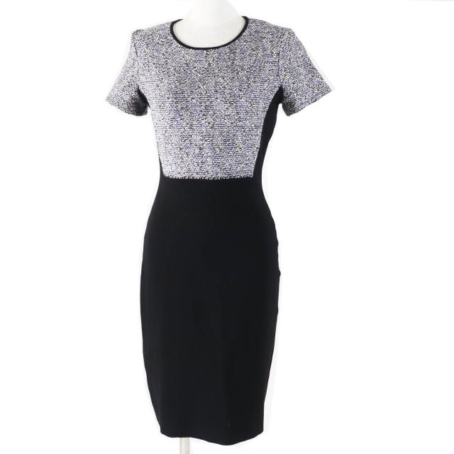 美品◎Salvatore Ferragamo サルヴァトーレフェラガモ ツイード切替 半袖 ワンピース ブルー系 ブラック S イタリア製 正規品 レディース