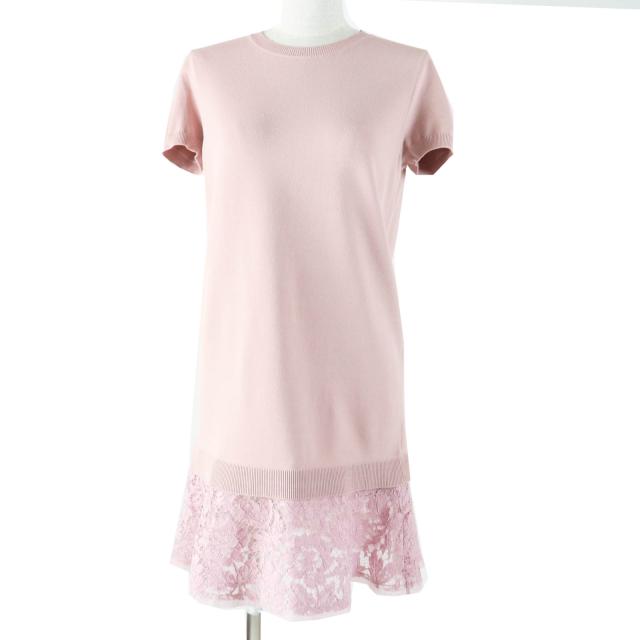 良品◎VALENTINO ヴァレンティノ 裾レース切替 クルーネック ショートスリーブ ワンピース ダスティピンク S 伊製 正規品 レディース