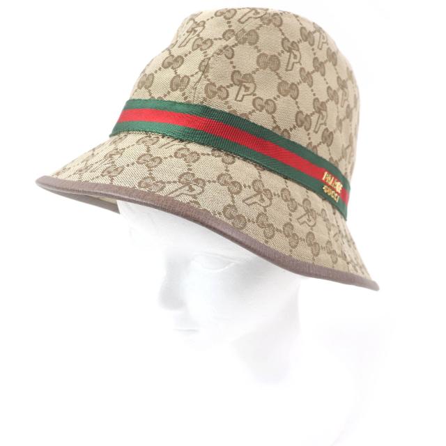 美品□GUCCI Palace グッチ パレス 726133 GGキャンバス ウェブライン バケットハット 帽子 ベージュ M/58cm イタリア製 正規品 メンズ