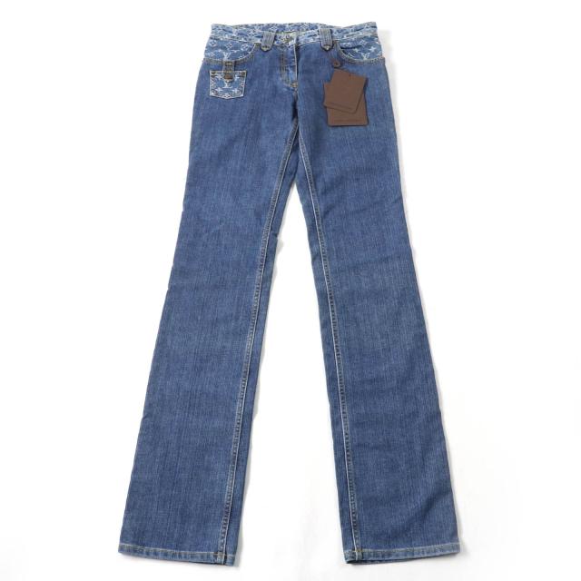 極美品☆LOUIS VUITTON ルイヴィトン コットン100％ モノグラム デニムパンツ ボトムス インディゴ 38 イタリア製 正規品 レディース