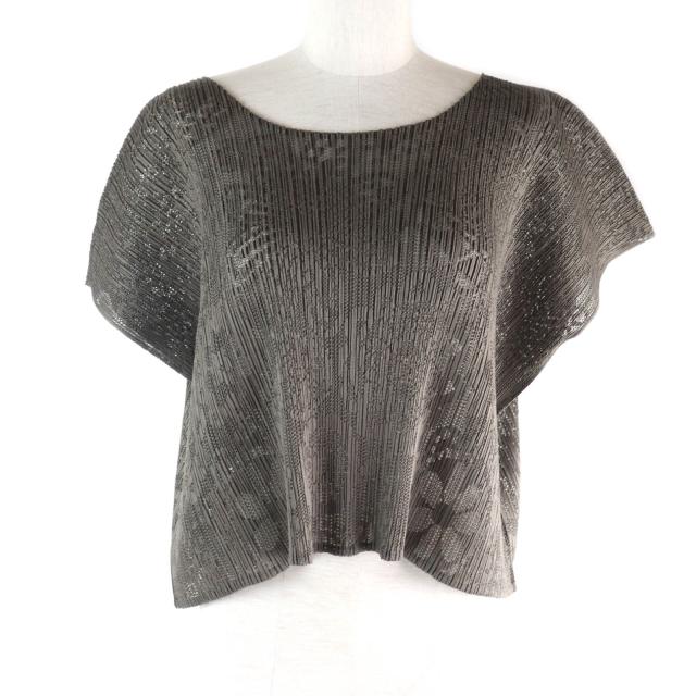 極美品★PLEATS PLEASE プリーツプリーズ イッセイミヤケ PP31-JK653 花柄 総柄 レース クルーネック クロップド丈 半袖 カットソー 茶 3