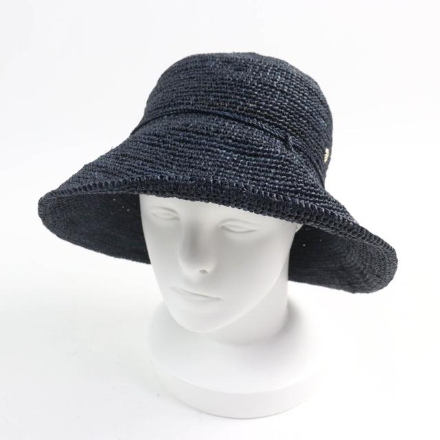 極美品★HELEN KAMINSKI ヘレンカミンスキー ラフィア100％ ロゴ金具付 リボンデザイン ハット ネイビー 保存袋付